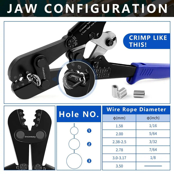 Knoweasy Professional Wire Rope Crimping and Cutting Tool for 1/16 to ...